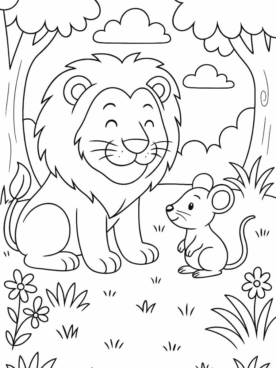 Dibujo para colorear de fábula "El león y el ratón" - Pequeocio